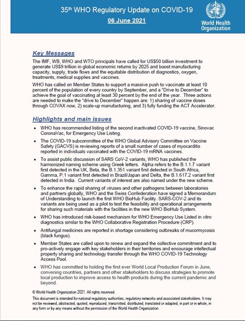 35th WHO Regulatory Update on COVID-19