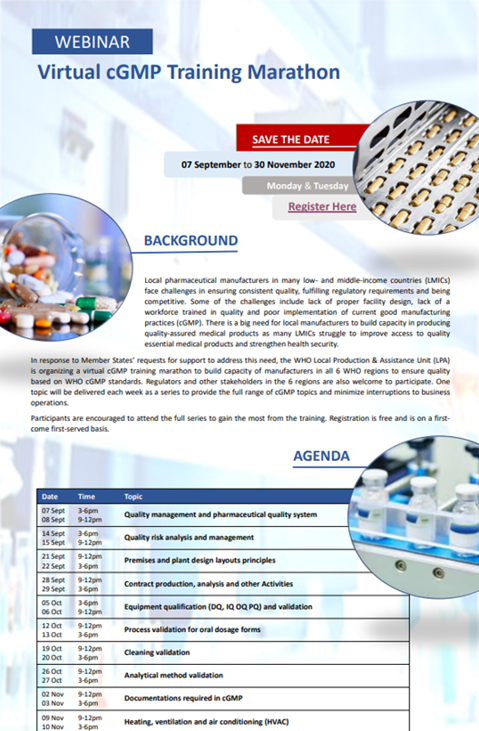 Flyer: Virtual cGMP Training Marathon for Vaccine Manufacturing, 2020