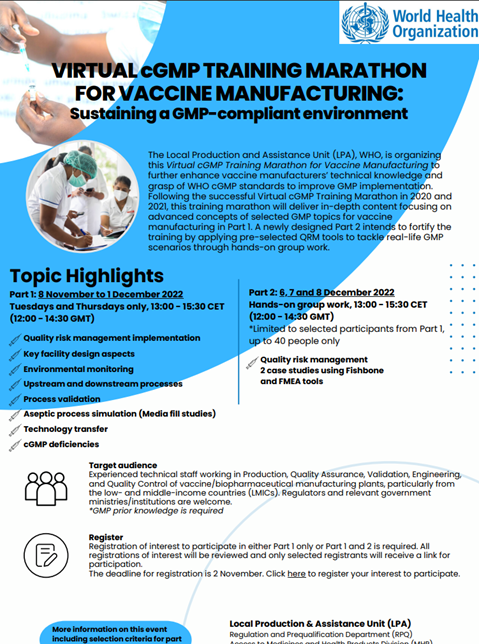 Flyer: Virtual cGMP Training Marathon for Vaccine Manufacturing, 2022