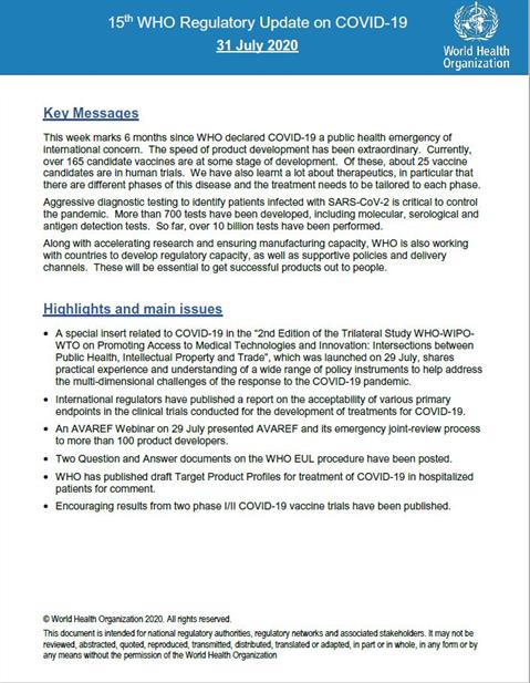 15th WHO Regulatory Update on COVID-19