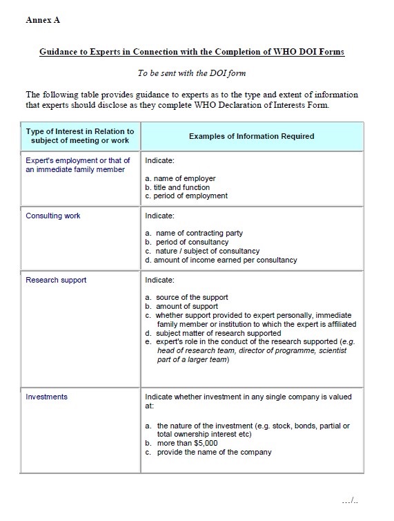 Declaration of interests - Annex A - Guidance to Experts WHO DOI Forms