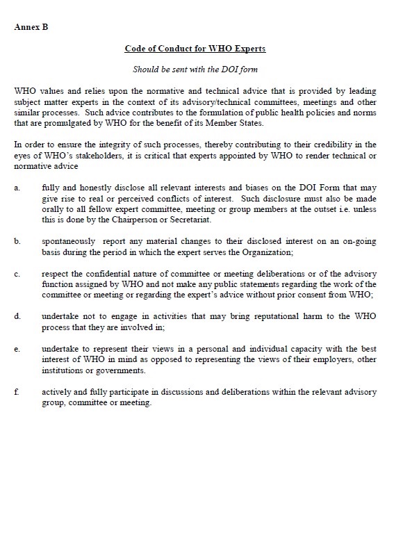 Declaration of interests – Annex B – Code of Conduct for WHO Experts