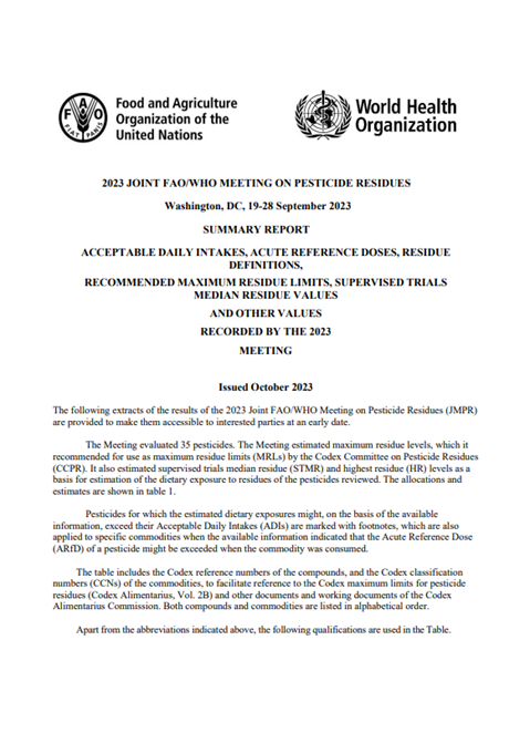 Joint FAO/WHO Meeting on Pesticide Residues 2023, Washington, D.C., USA ...