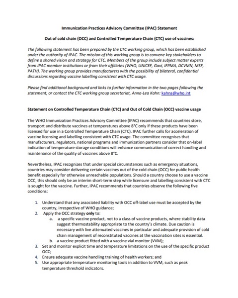 Immunization Practices Advisory Committee (IPAC) Statement Out of cold chain (OCC) and ...