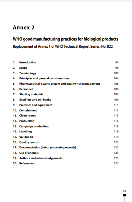 WHO good manufacturing practices for biological products, Annex 2, TRS No 999