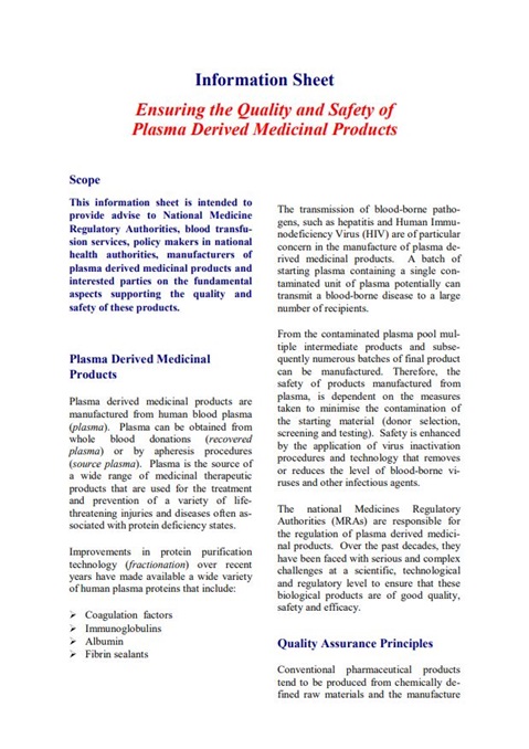 Information Sheet: Ensuring the Quality and Safety of Plasma Derived ...