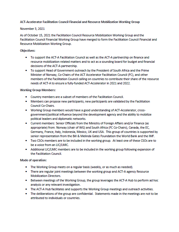 ACT Accelerator Facilitation Council Financial Working Group - Terms of ...