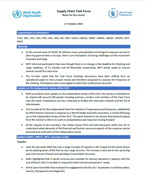 Supply Chain Task Force notes for the record 27 October 2020
