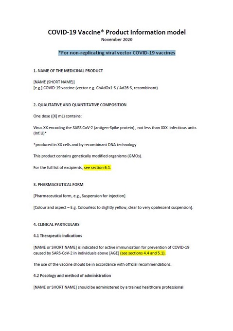 COVID-19 Vaccine* Product Information model