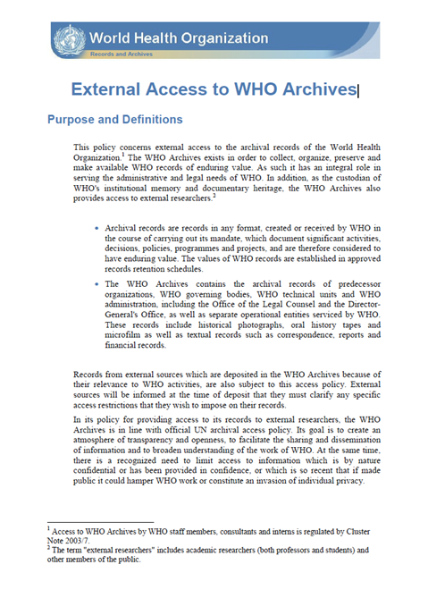 Rules of external access to WHO archives
