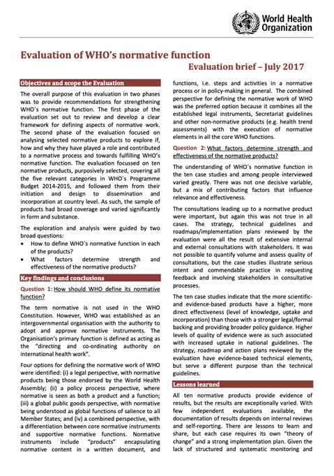 Evaluation of WHO normative function - Evaluation Brief - July 2017