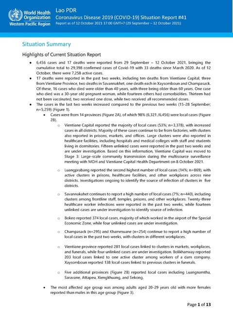 COVID-19 situation report for Lao PDR #41: 12 October 2021