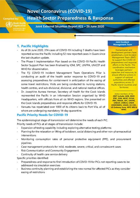 COVID-19 Joint external situation report for Pacific Islands #21